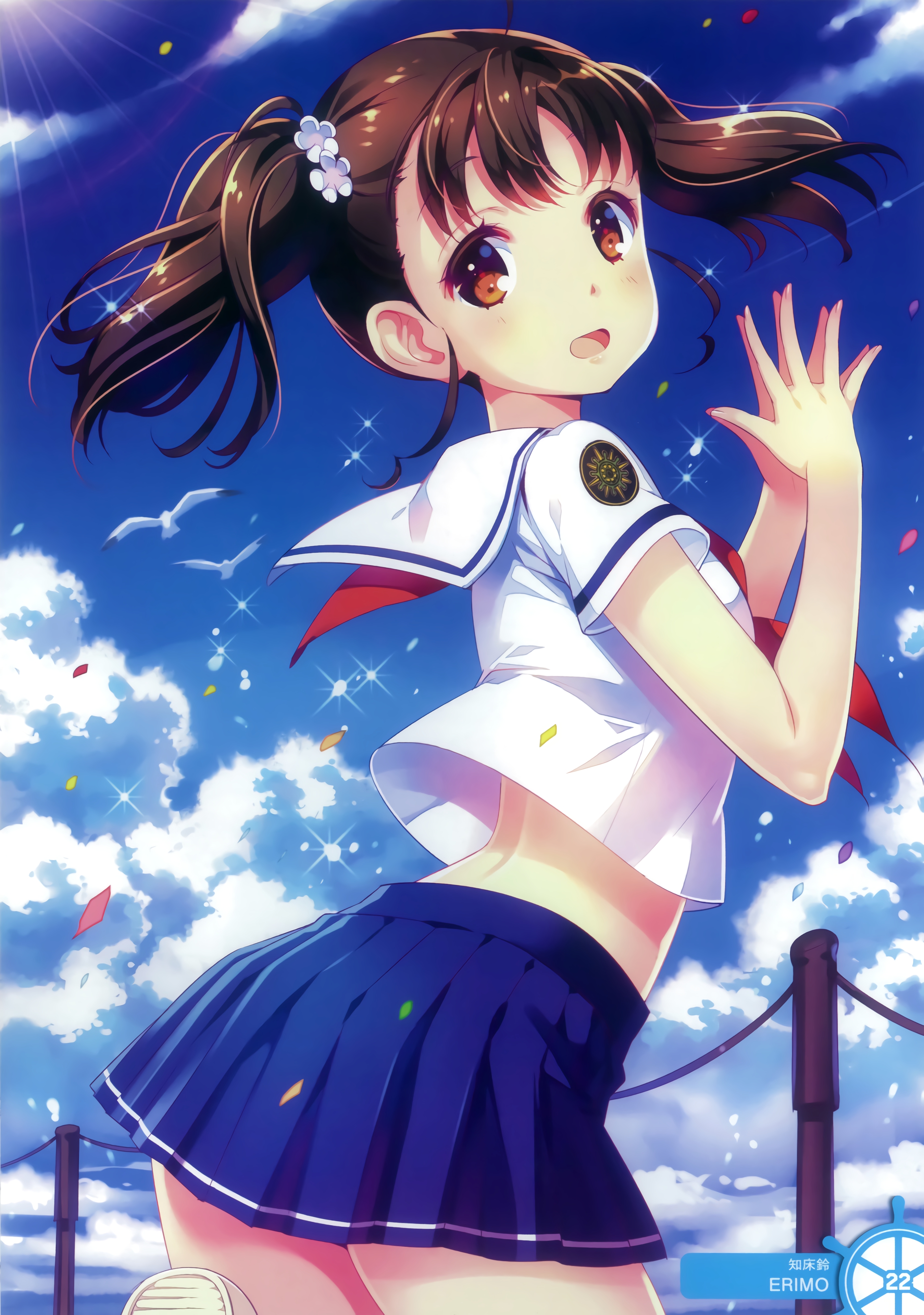 Safebooru 1girl Absurdres Bird Black Hair Blue Skirt Brown Eyes From